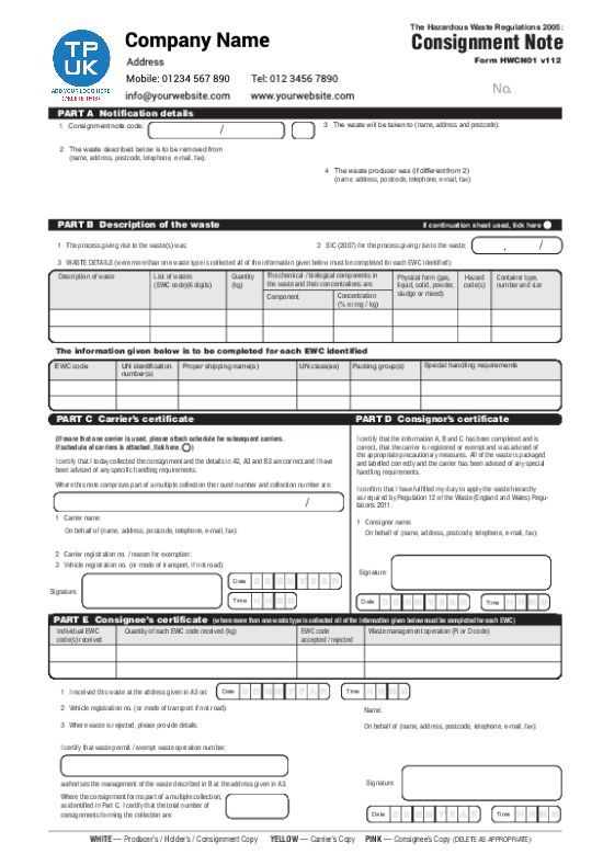 Hazardous Waste Consignment Note Template | Design online