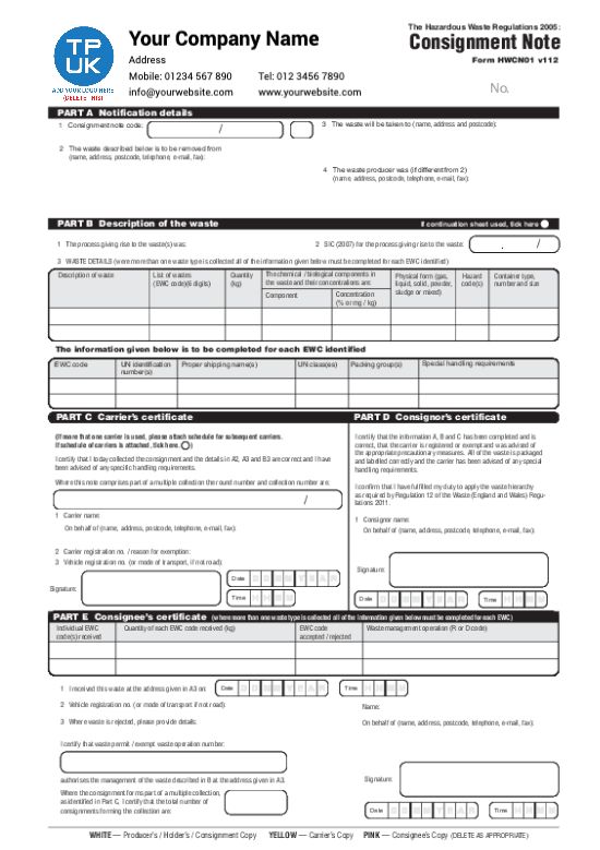 Hazardous Waste Consignment Note Template | Design online