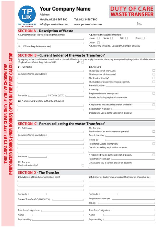 Duty of Care WASTE TRANSFER NOTE Template Designs