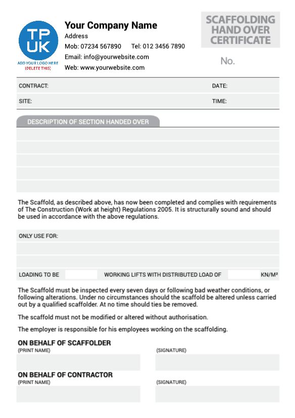 Scaffolding Handover Certificate Template | Design online