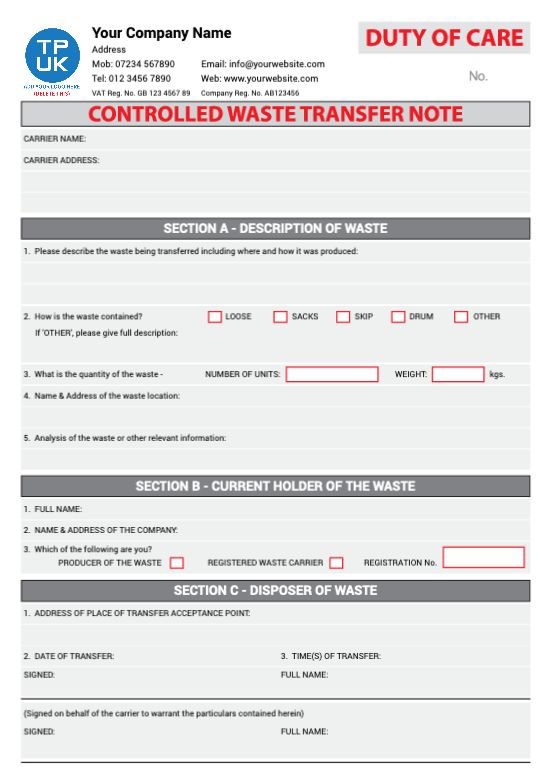Duty of Care Controlled Waste Transfer Note Template