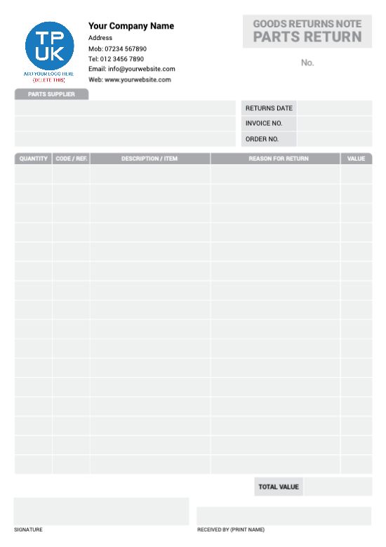PARTS RETURN Goods Return Note | Design online for FREE